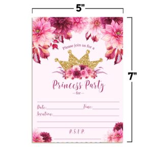 Watercolor Floral Princess Birthday Party Invitations with Pink and Burgundy Dahlias and Gold Glitter Crown, 20 5x7 Fill In Cards with Twenty White Envelopes by AmandaCreation