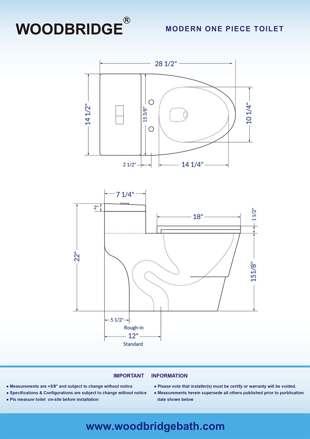 Woodbridgebath T-018 Dual Flush Elongated One Piece Toilet with Soft Closing Seat, Comfort Height, Water Sense