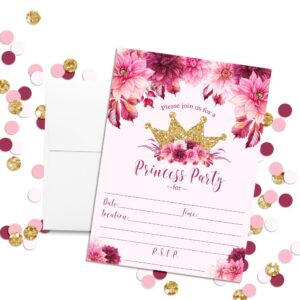 Watercolor Floral Princess Birthday Party Invitations with Pink and Burgundy Dahlias and Gold Glitter Crown, 20 5x7 Fill In Cards with Twenty White Envelopes by AmandaCreation