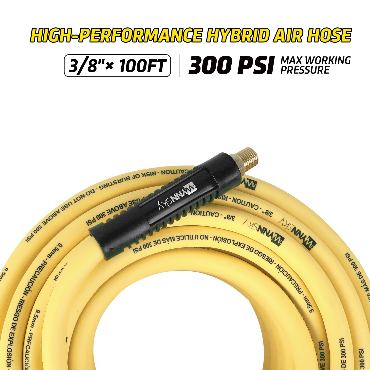 WYNNsky Hybrid Air Hose 3/8 in.X 100ft, 1/4"MNPT Fittings, 300 PSI Max Working Pressure,Non-Kinking, Lightweight, Flexible In Extreme Cold Weather, Excellent UV, Oil and Abrasion Resistant