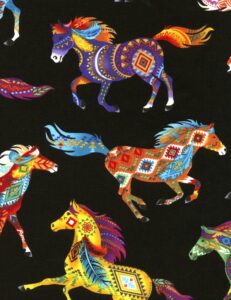 southwest designs on horses, bright colors, black, timeless treasures, by the yard