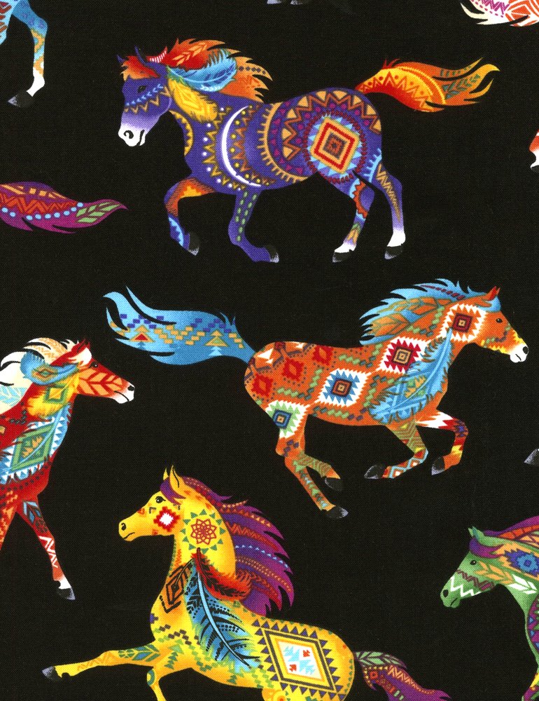 Southwest Designs on Horses, Bright Colors, Black, Timeless Treasures, by The Yard