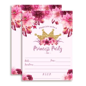 watercolor floral princess birthday party invitations with pink and burgundy dahlias and gold glitter crown, 20 5x7 fill in cards with twenty white envelopes by amandacreation