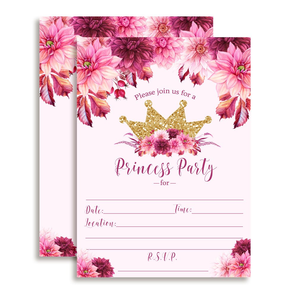 Watercolor Floral Princess Birthday Party Invitations with Pink and Burgundy Dahlias and Gold Glitter Crown, 20 5x7 Fill In Cards with Twenty White Envelopes by AmandaCreation