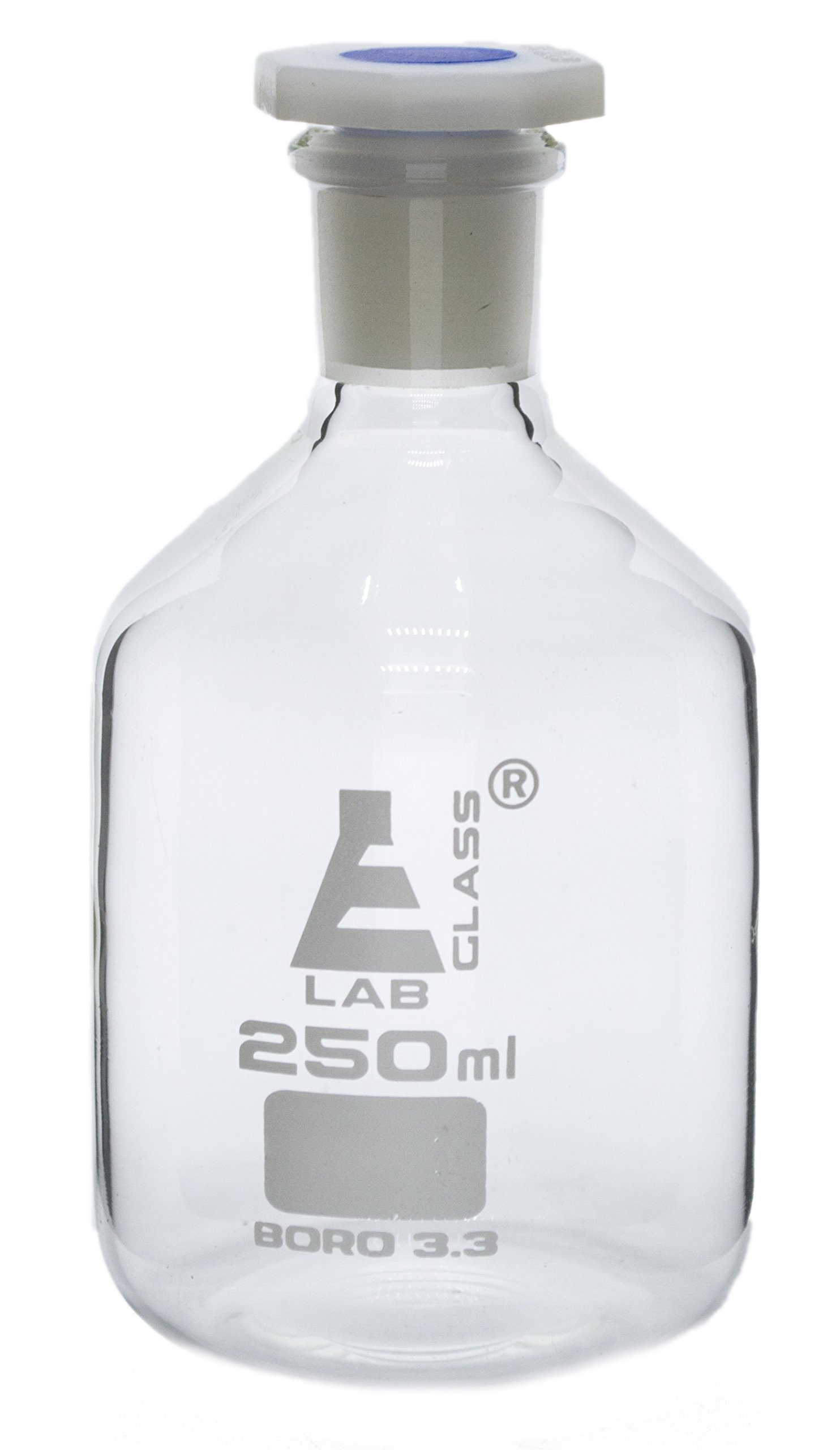 EISCO 250mL (8.4oz) Glass Reagent Bottle with Acid Proof Polypropylene Stopper, Borosilicate 3.3 Glass Labs