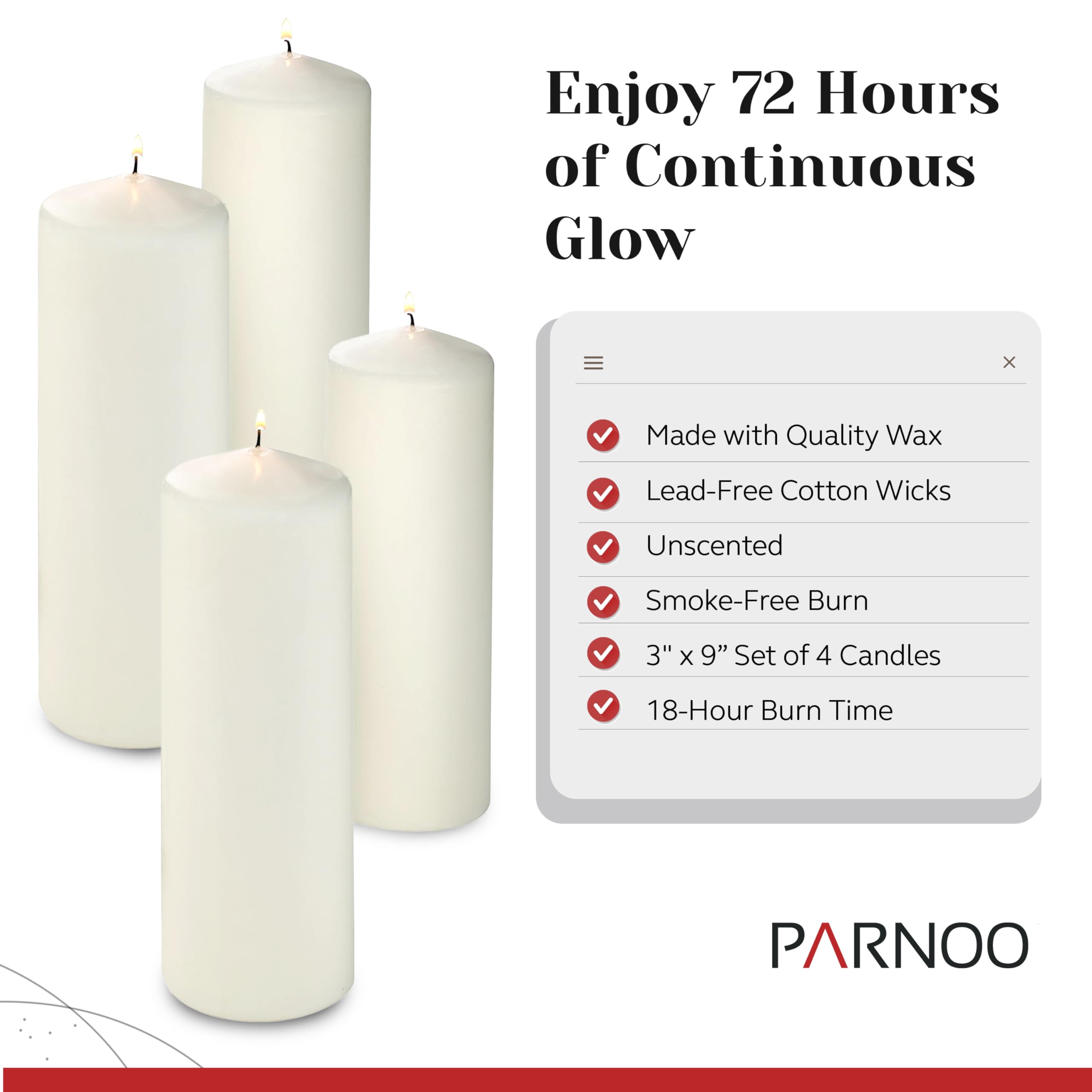 Unscented Pillar Candles - Set of 4 White Pillar Candles Made from Wax & Cotton Wick - 3x9” Slow Burning Candles for Emergency, Weddings, & Table Centerpieces - Tall Pillar Candles, PARNO