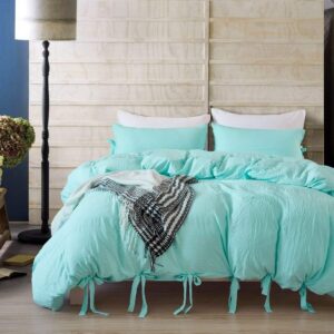 DREFEEL Egyptian Quality Vibrant Stone Washed Microfiber Turquoise Duvet Cover Queen Size 3 Pcs Set (1 Duvet Cover, 2 Pillowcases) - Soft Comforter Cover Quilt Case - Solid Bedding