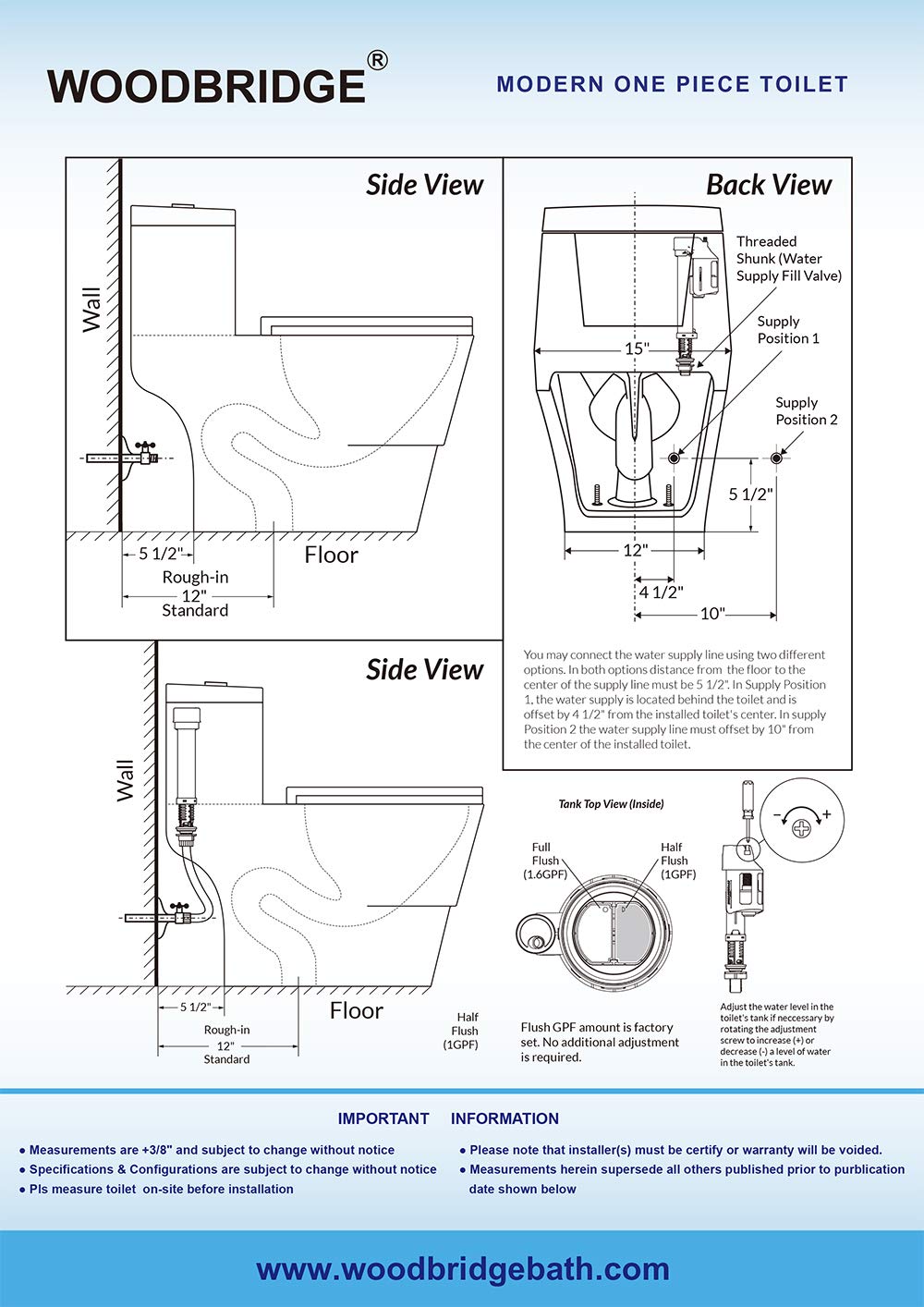 Woodbridgebath T-018 Dual Flush Elongated One Piece Toilet with Soft Closing Seat, Comfort Height, Water Sense