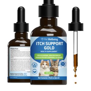 pet wellbeing itch support gold for cats - occasional itching, scratching, and hot spots, environmental and seasonal allergies, dong quai - veterinarian-formulated herbal supplement 2 oz (59 ml)