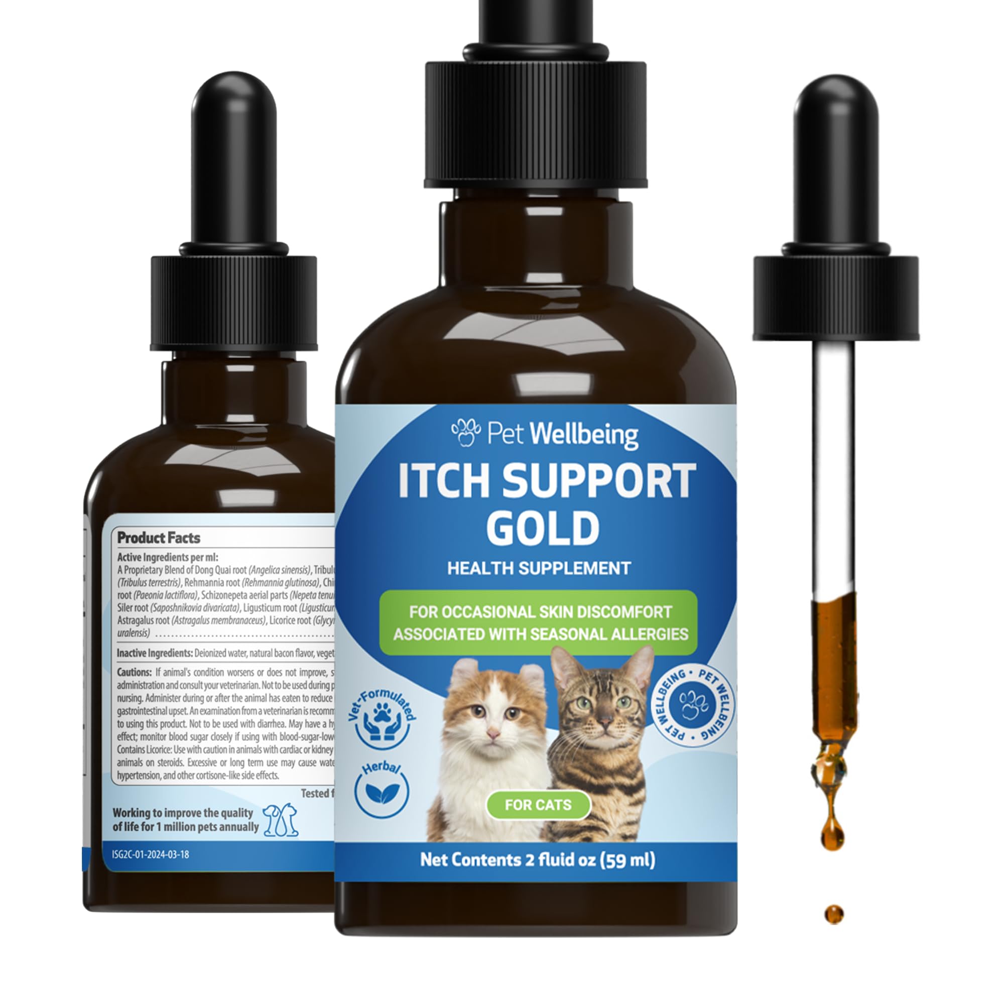 Pet Wellbeing Itch Support Gold for Cats - Occasional Itching, Scratching, and Hot Spots, Environmental and Seasonal Allergies, Dong Quai - Veterinarian-Formulated Herbal Supplement 2 oz (59 ml)