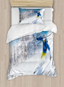 ambesonne winter duvet cover set, skier skiing downhill in high mountains extreme winter sports hobby activity, decorative 2 piece bedding set with 1 pillow sham, twin size, blue white yellow