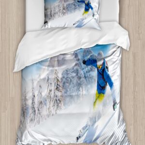 Ambesonne Winter Duvet Cover Set, Skier Skiing Downhill in High Mountains Extreme Winter Sports Hobby Activity, Decorative 2 Piece Bedding Set with 1 Pillow Sham, Twin Size, Blue White Yellow