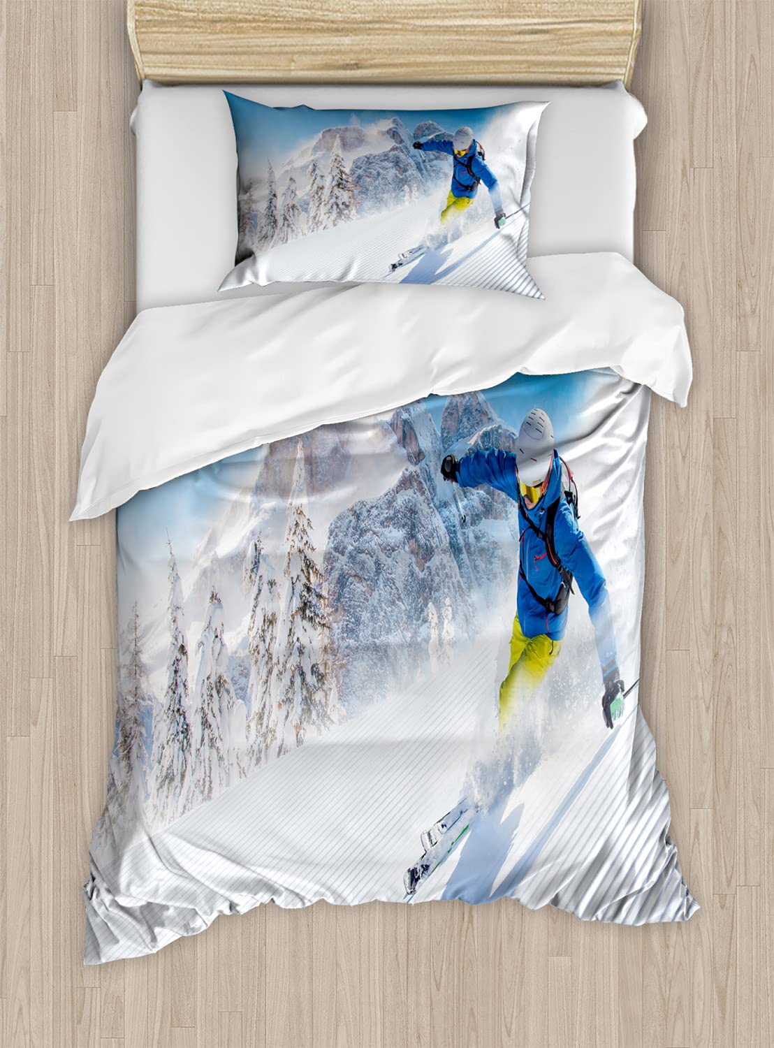 Ambesonne Winter Duvet Cover Set, Skier Skiing Downhill in High Mountains Extreme Winter Sports Hobby Activity, Decorative 2 Piece Bedding Set with 1 Pillow Sham, Twin Size, Blue White Yellow