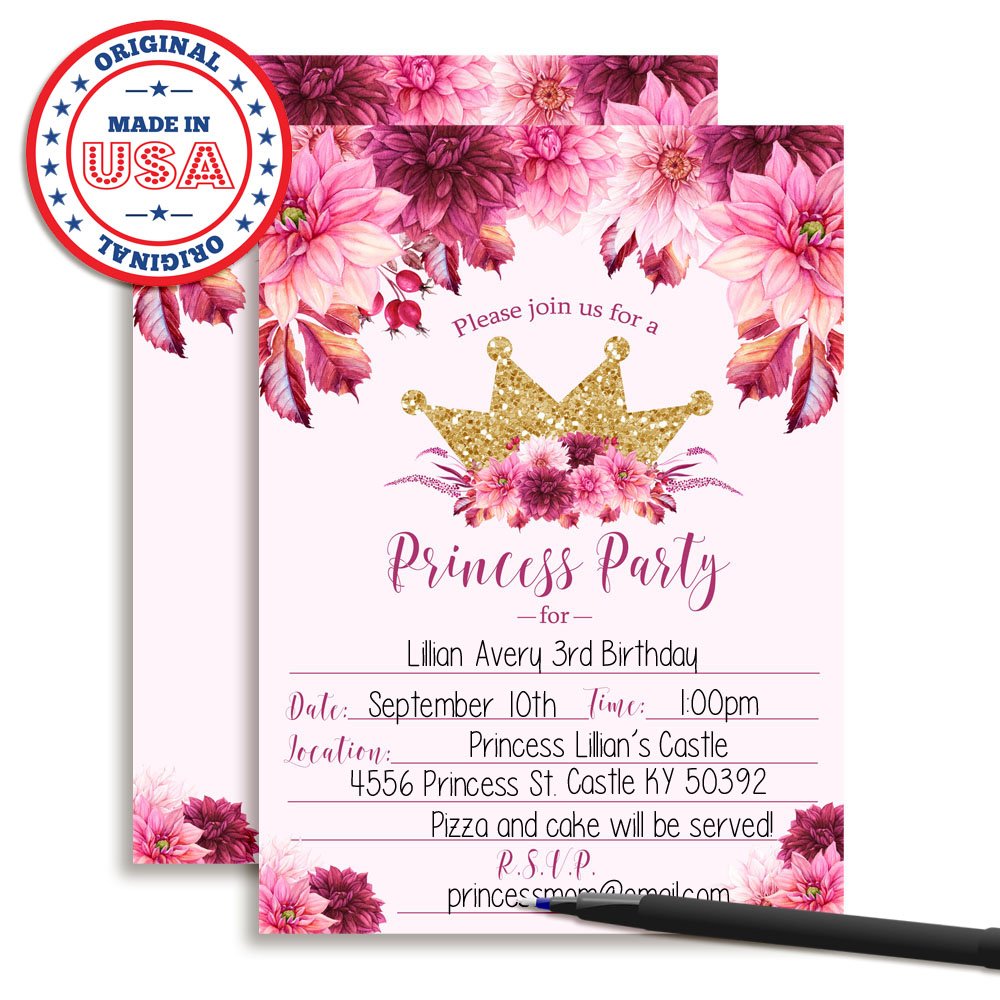 Watercolor Floral Princess Birthday Party Invitations with Pink and Burgundy Dahlias and Gold Glitter Crown, 20 5x7 Fill In Cards with Twenty White Envelopes by AmandaCreation