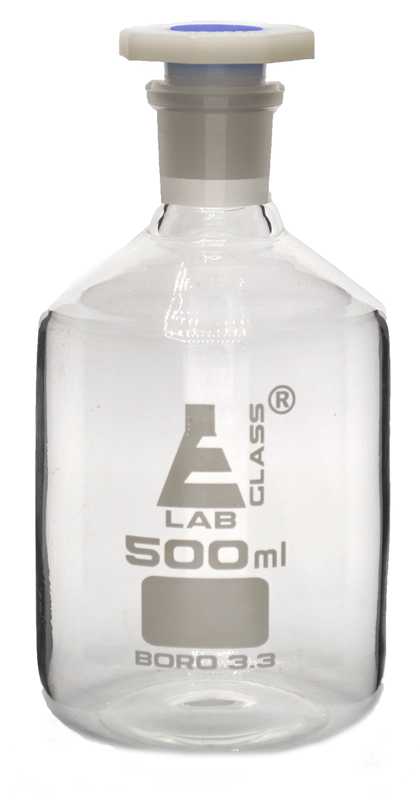 EISCO 500mL (16.9oz) Glass Reagent Bottle with Acid Proof Polypropylene Stopper, Borosilicate 3.3 Glass Labs