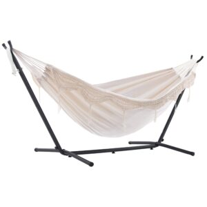 vivere double cotton hammock with space saving steel stand, upgraded polyester end strings 450 lb capacity - premium carry bag included - usa grown cotton (natural)