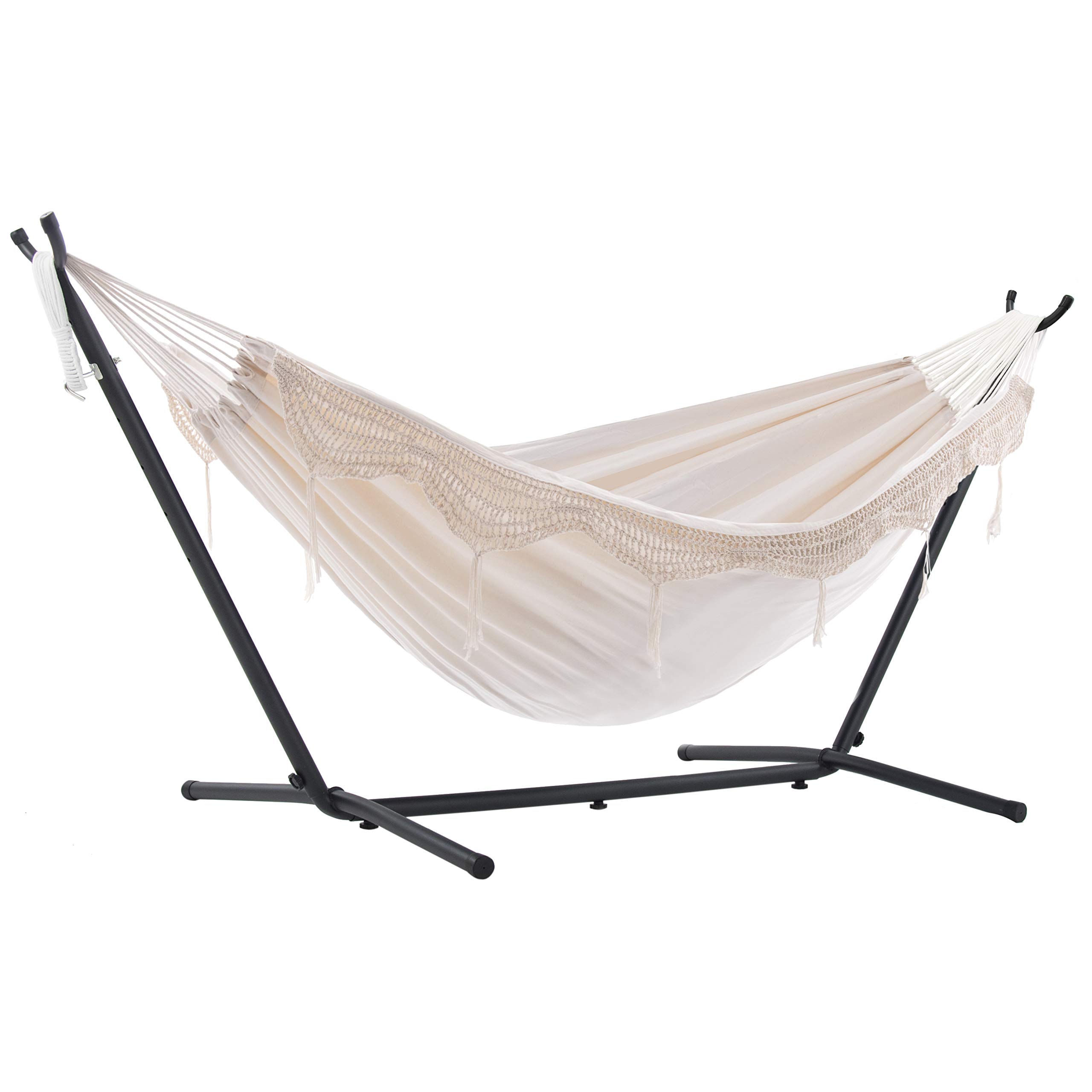 Vivere Double Cotton Hammock with Space Saving Steel Stand, Upgraded Polyester End Strings 450 lb Capacity - Premium Carry Bag Included - USA Grown Cotton (Natural)