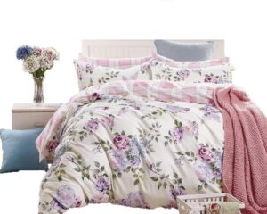 swanson beddings pink-purple roses 5-piece 100% cotton bedding set: duvet cover, two pillowcases and two pillow shams (king)