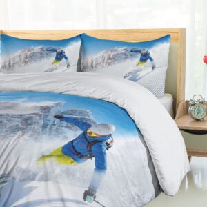 Ambesonne Winter Duvet Cover Set, Skier Skiing Downhill in High Mountains Extreme Winter Sports Hobby Activity, Decorative 2 Piece Bedding Set with 1 Pillow Sham, Twin Size, Blue White Yellow