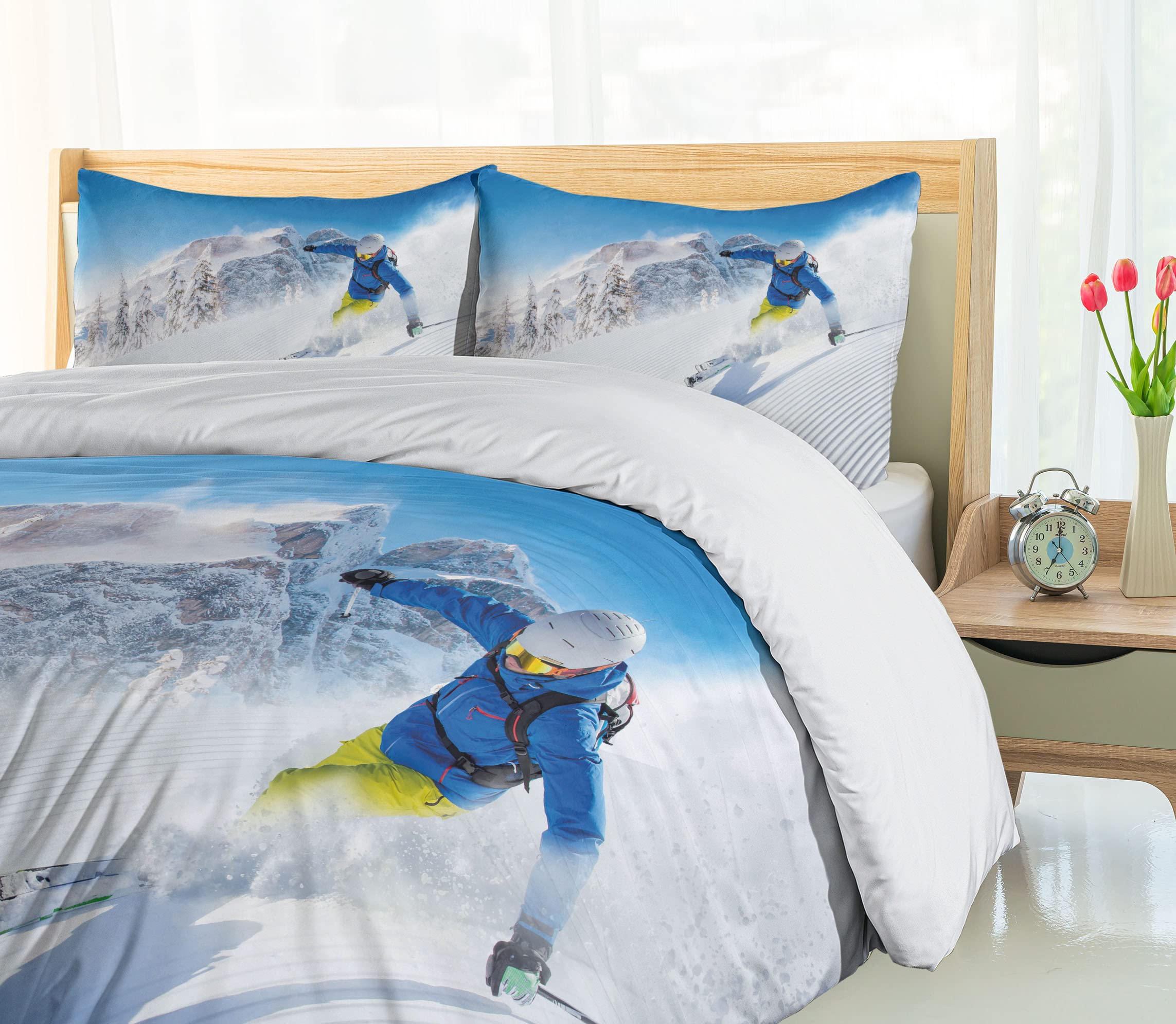 Ambesonne Winter Duvet Cover Set, Skier Skiing Downhill in High Mountains Extreme Winter Sports Hobby Activity, Decorative 2 Piece Bedding Set with 1 Pillow Sham, Twin Size, Blue White Yellow