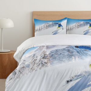 Ambesonne Winter Duvet Cover Set, Skier Skiing Downhill in High Mountains Extreme Winter Sports Hobby Activity, Decorative 2 Piece Bedding Set with 1 Pillow Sham, Twin Size, Blue White Yellow