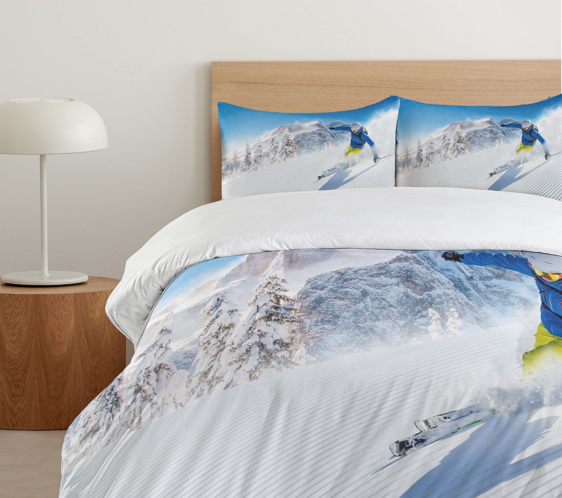 Ambesonne Winter Duvet Cover Set, Skier Skiing Downhill in High Mountains Extreme Winter Sports Hobby Activity, Decorative 2 Piece Bedding Set with 1 Pillow Sham, Twin Size, Blue White Yellow