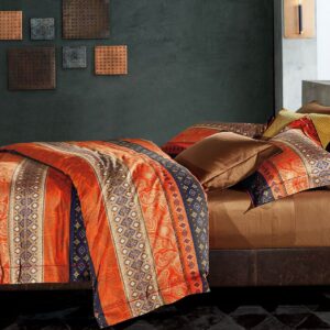 Bohemian Duvet Cover Striped Ethnic Boho Reversible Southwestern 400TC Cotton King Size Bedding 3pc Set Navy White Orange Modern Geo Aztec Print (Queen)