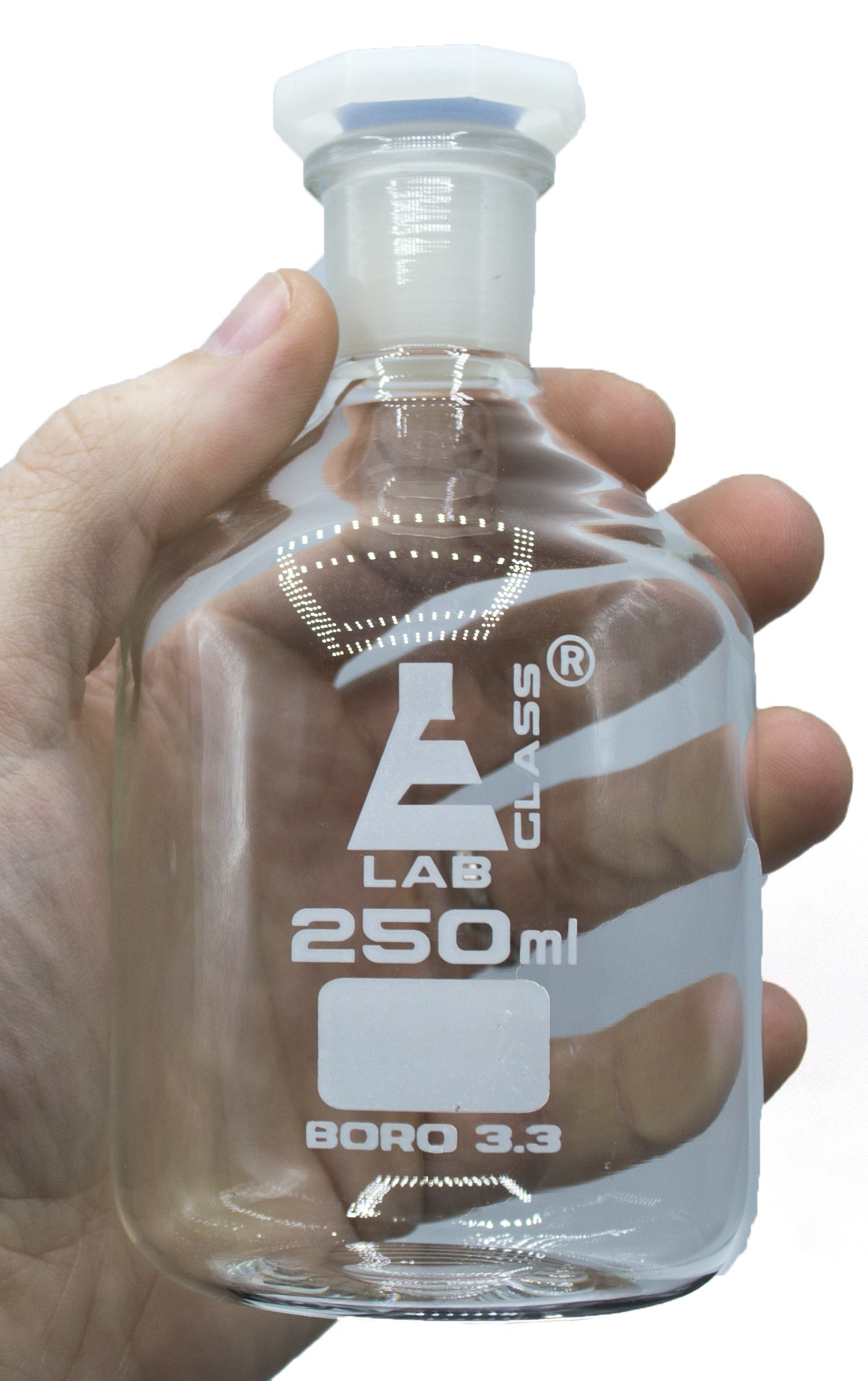 EISCO 250mL (8.4oz) Glass Reagent Bottle with Acid Proof Polypropylene Stopper, Borosilicate 3.3 Glass Labs