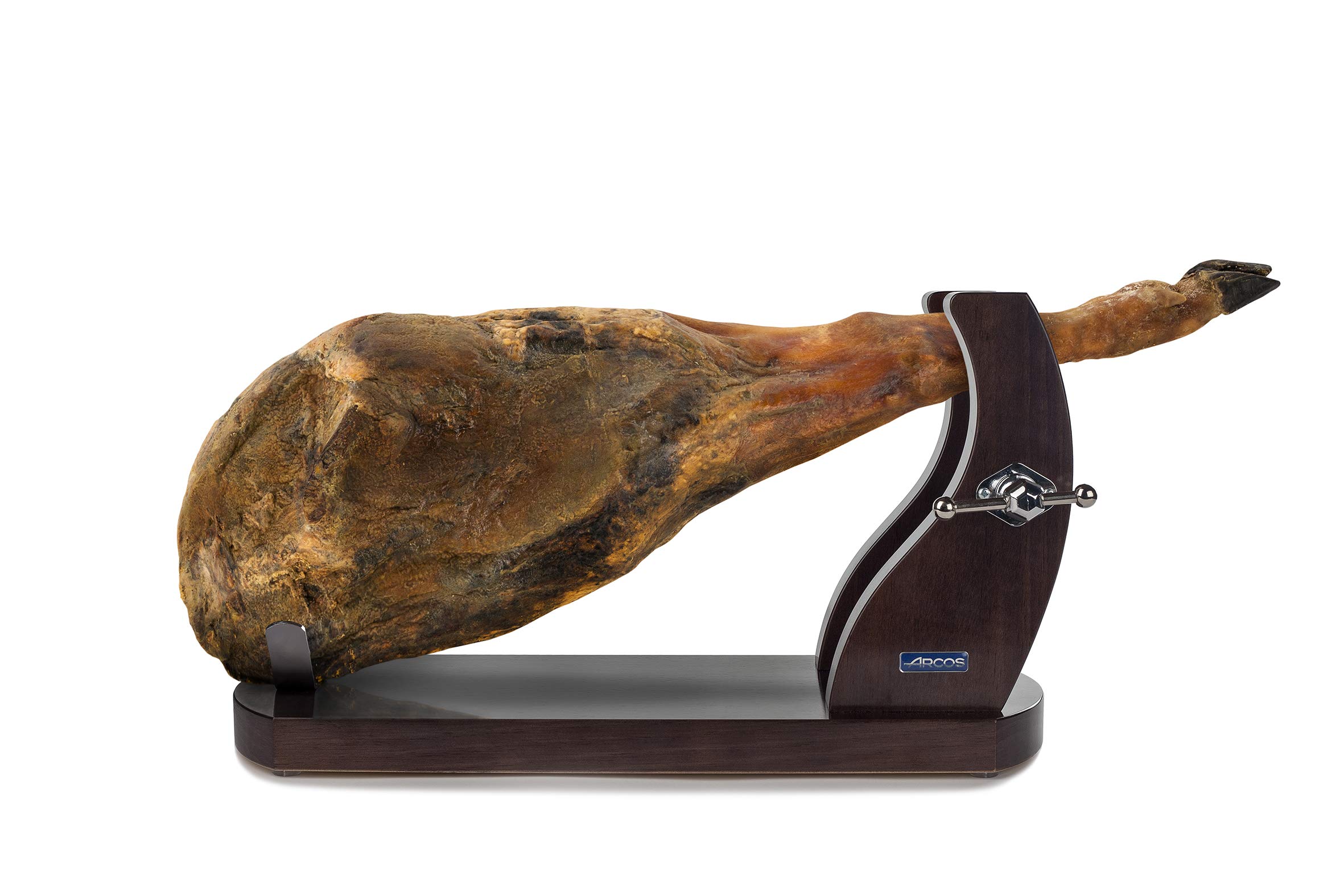 ARCOS - Professional Ham Stand. Elegant Lacquered Pine Wood Ham Holder with Metal Hardware. Premium Prosciutto Carving Stand. 20"x11"x7" - Mahogany Color