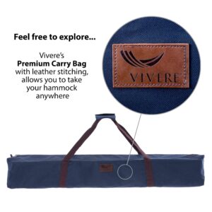 Vivere Double Cotton Hammock with Space Saving Steel Stand, Upgraded Polyester End Strings 450 lb Capacity - Premium Carry Bag Included - USA Grown Cotton (Natural)