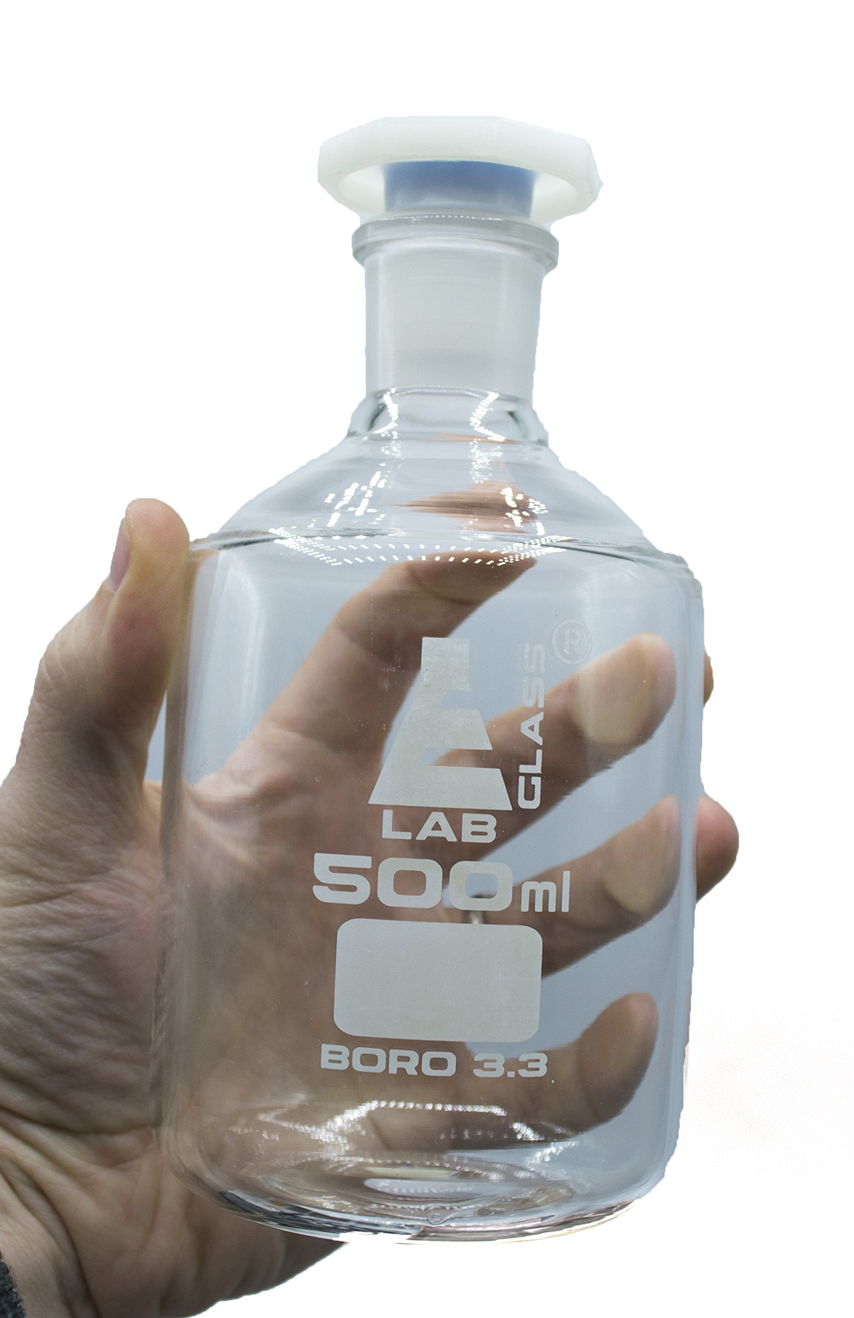 EISCO 500mL (16.9oz) Glass Reagent Bottle with Acid Proof Polypropylene Stopper, Borosilicate 3.3 Glass Labs