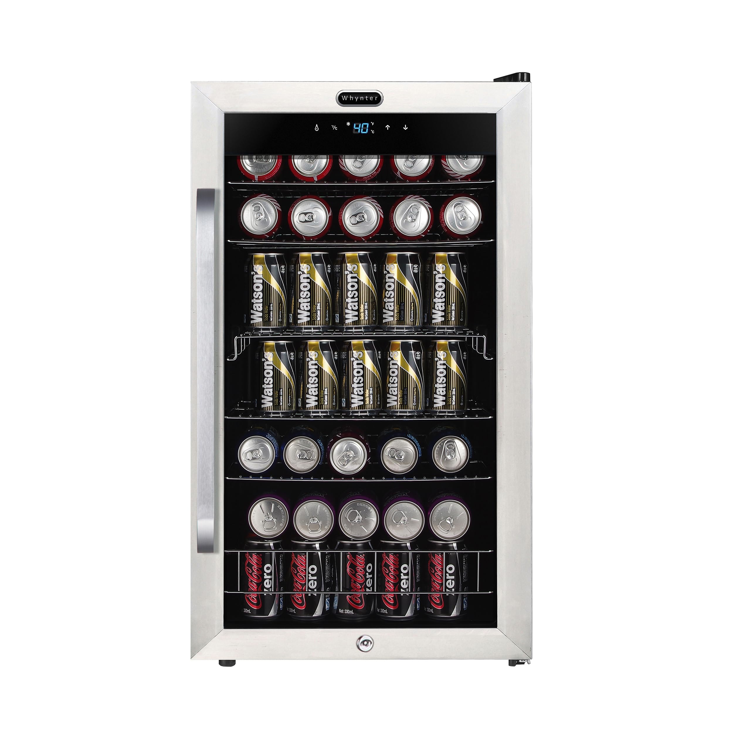 Whynter Beverage Refrigerator with Glass, 136-Can Cu. Ft. Drink Mini Fridge with Lock and Digital Control, BR-1211DS, 3.4 Cubic Feet, Stainless Steel Door/Black Sides