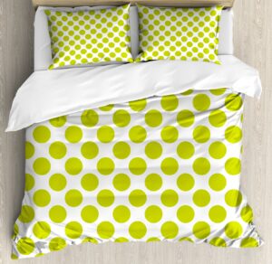 ambesonne lime green duvet cover set, nostalgic polka dots style girlish vintage large circles rounds pattern, decorative 3 piece bedding set with 2 pillow shams, queen size, lime green white