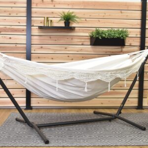 Vivere Double Cotton Hammock with Space Saving Steel Stand, Upgraded Polyester End Strings 450 lb Capacity - Premium Carry Bag Included - USA Grown Cotton (Natural)