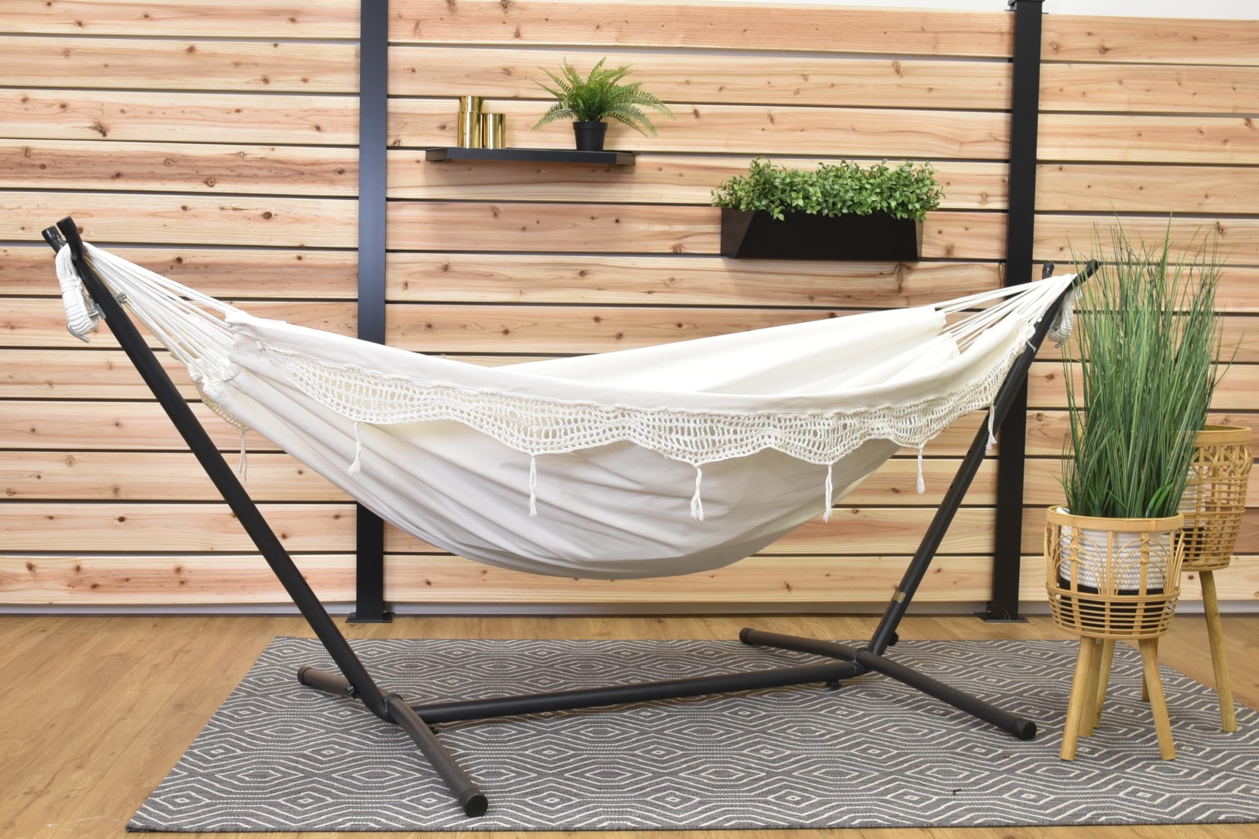 Vivere Double Cotton Hammock with Space Saving Steel Stand, Upgraded Polyester End Strings 450 lb Capacity - Premium Carry Bag Included - USA Grown Cotton (Natural)