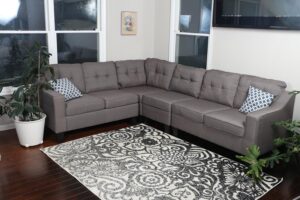 oliver smith - large brownish grey linen cloth modern contemporary upholstered quality sectional left or right adjustable sectional 106" x 82.5" x 34"