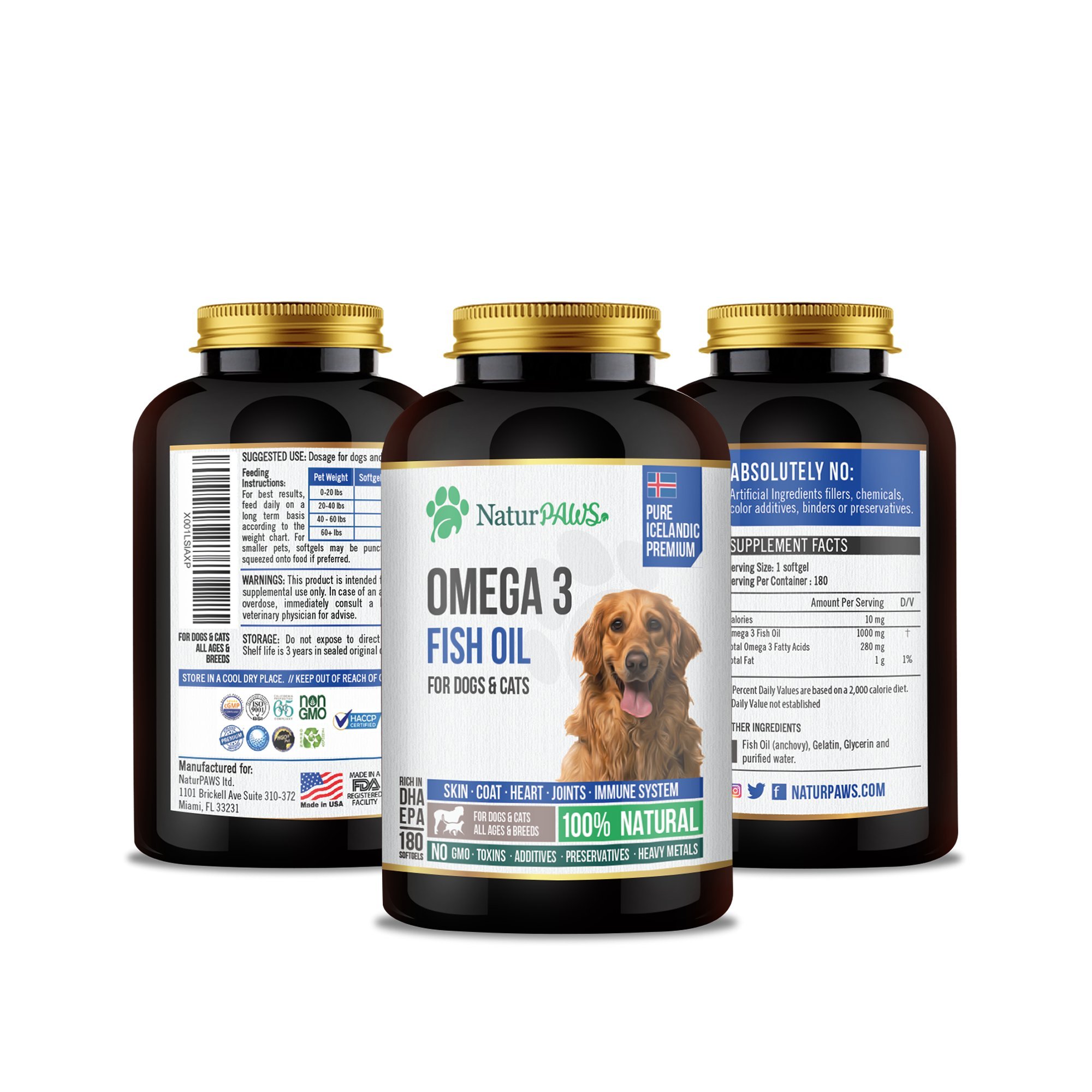 NATURPAWS Omega 3 Fish Oil Supplement for Dogs and Cats - 1000 mg Pure DHA and EPA Omegas - Supports Healthy Coat and Skin, Heart, Immune System, Joints and Hip - 180 softgels