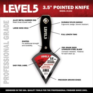 3.5" Pointed Stainless Steel Joint Knife - LEVEL5 | Metal Hammer End | Pro-Grade Finishing Tools | Drywall Wallboard Plasterboard Paint | 5-202