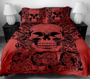 ysjandfm anole 3 pcs soft luxury youth 100% polyester shell fully reversible 3-piece modern flower skull duvet cover set queen size red no comforter (queen 3pcs)