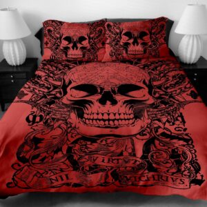 YSJANDFM Anole 3 Pcs Soft Luxury Youth 100% Polyester Shell Fully Reversible 3-Piece Modern Flower Skull Duvet Cover Set Queen Size Red No Comforter (Queen 3pcs)