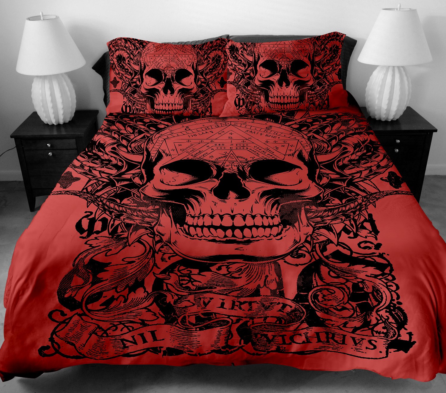 YSJANDFM Anole 3 Pcs Soft Luxury Youth 100% Polyester Shell Fully Reversible 3-Piece Modern Flower Skull Duvet Cover Set Queen Size Red No Comforter (Queen 3pcs)