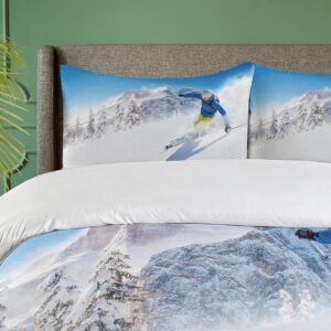 Ambesonne Winter Duvet Cover Set, Skier Skiing Downhill in High Mountains Extreme Winter Sports Hobby Activity, Decorative 2 Piece Bedding Set with 1 Pillow Sham, Twin Size, Blue White Yellow