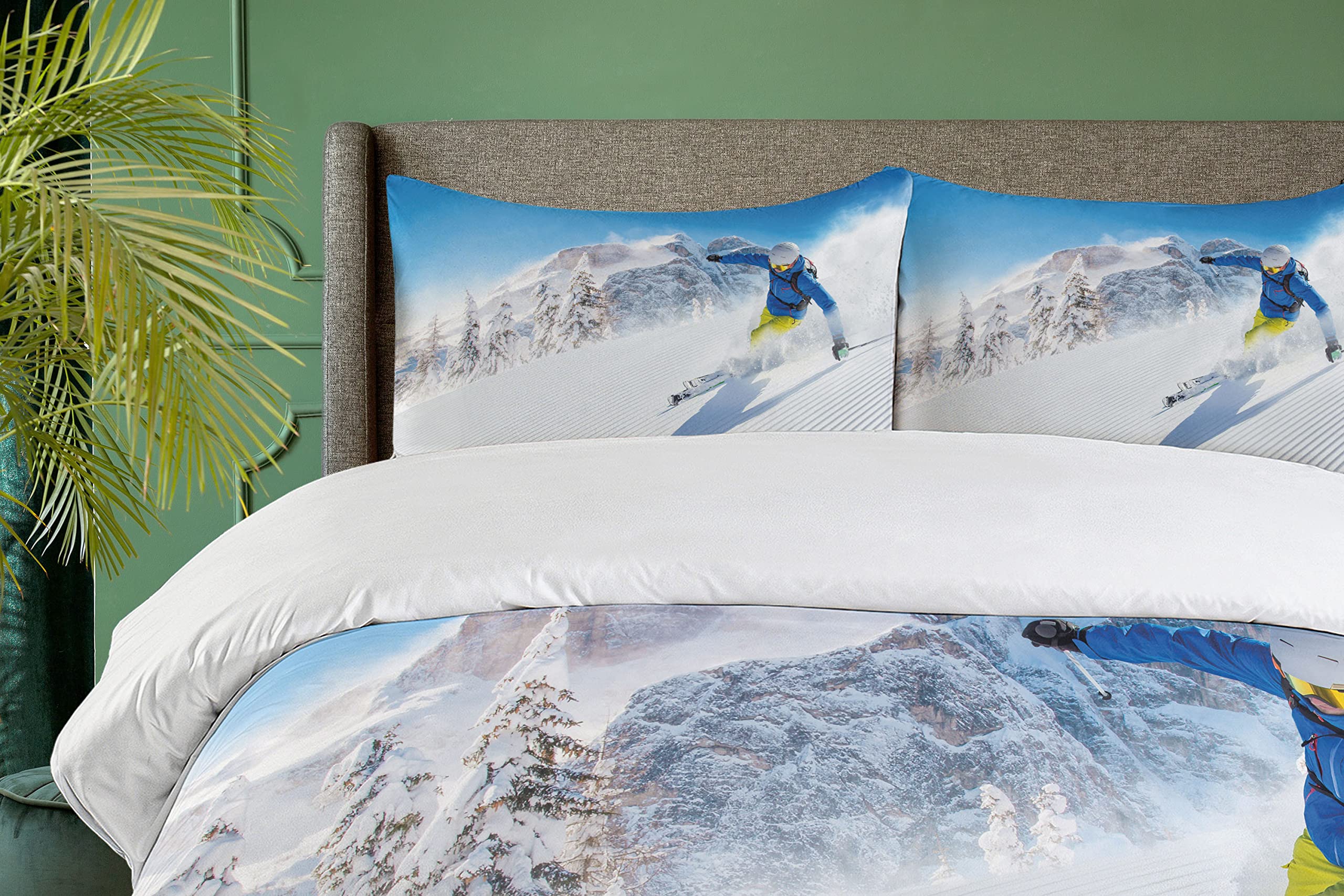 Ambesonne Winter Duvet Cover Set, Skier Skiing Downhill in High Mountains Extreme Winter Sports Hobby Activity, Decorative 2 Piece Bedding Set with 1 Pillow Sham, Twin Size, Blue White Yellow