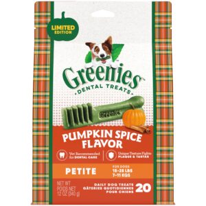 greenies petite natural dog dental care chews oral health dog treats, pumpkin spice flavor, 12 oz. (20 treats)