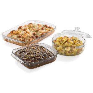 libbey baker's basics 3-piece glass casserole baking dish set with 1 cover