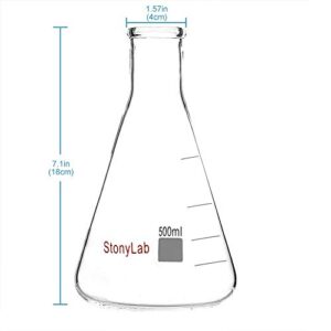 stonylab 2-Pack Glass 500ml Heavy Wall Narrow Mouth Erlenmeyer Flasks with Heavy Duty Rim (500ml Fits with stonylab 7# Rubber Stopper)