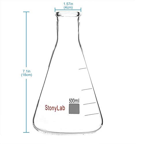 stonylab 2-Pack Glass 500ml Heavy Wall Narrow Mouth Erlenmeyer Flasks with Heavy Duty Rim (500ml Fits with stonylab 7# Rubber Stopper)