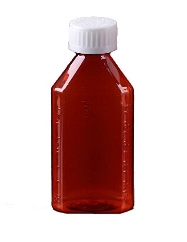 AmexDrug Pharmacy Bottle - Oval Plastic Bottle - 3 oz - Amber - Child Resistant Caps - 12 pcs (Medicine Bottle, Prescription Bottle, Liquid Medicine)