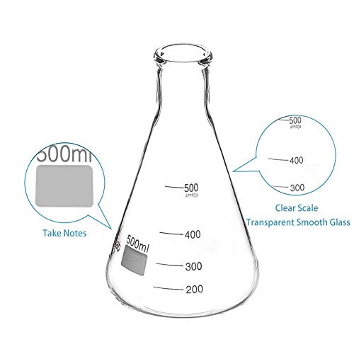 stonylab 2-Pack Glass 500ml Heavy Wall Narrow Mouth Erlenmeyer Flasks with Heavy Duty Rim (500ml Fits with stonylab 7# Rubber Stopper)