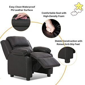 Costzon Kids Recliner, Leather Recliner Chair w/Footrest, Armrest Storage, Headrest & Lumbar Support, Ergonomic Lounge Chair for Living & Gaming Room, Adjustable Recliner Sofa for Boys Girls (Black)